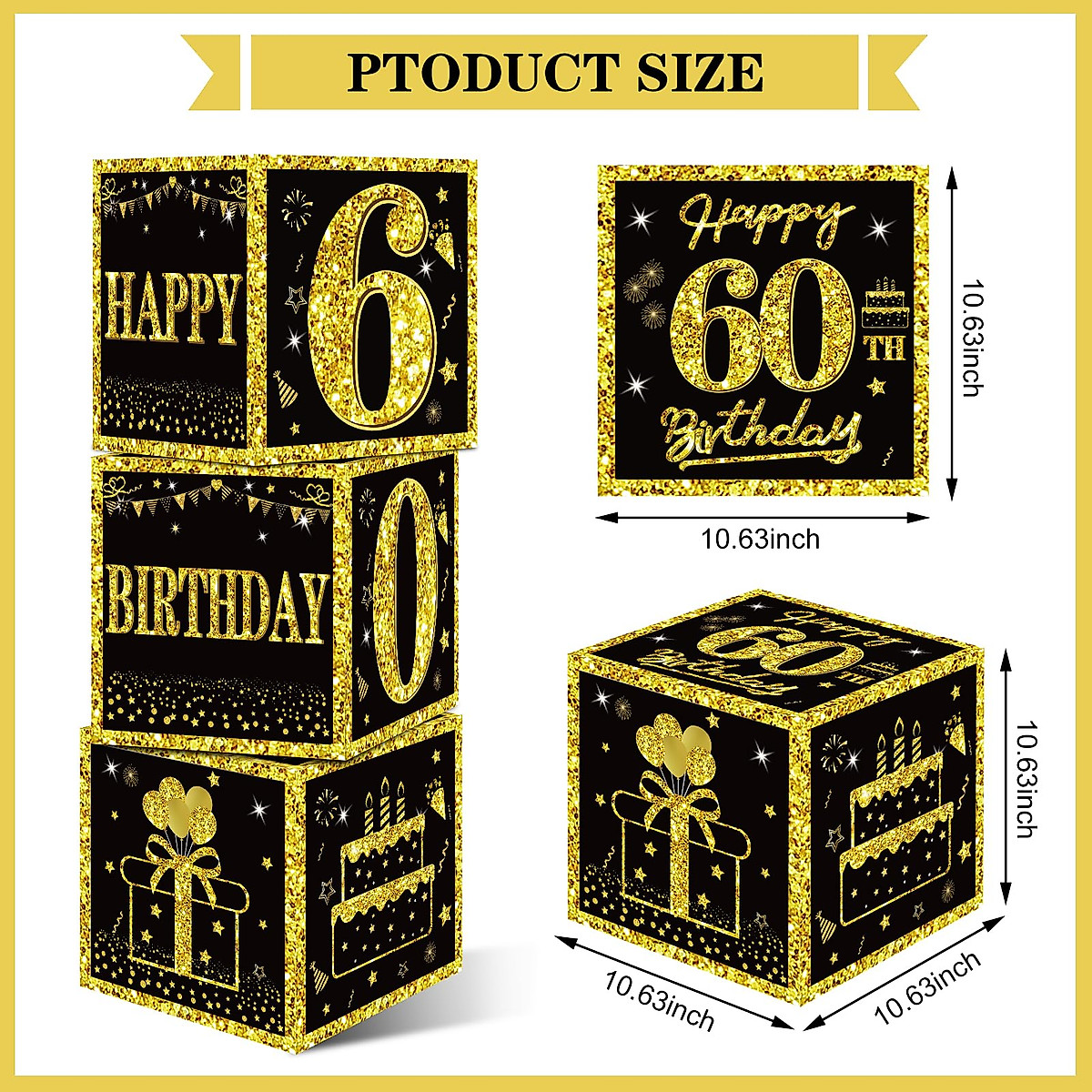 3pcs 60th Birthday Decorations Boxes for Men Women, Black Gold Happy 60 Birthday Balloons Boxes Party Supplies, 60 Year Old Bday Theme Cardboard Box Decor