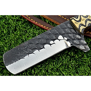 Carbon steel blade Bull cutter knife, 8.5 inches long knife with Leather sheath, Multi color Micarta scale Jigged with sturls, Embossed carbon steel blade, Embossed Leather sheath with belt loop (Black and Beige)