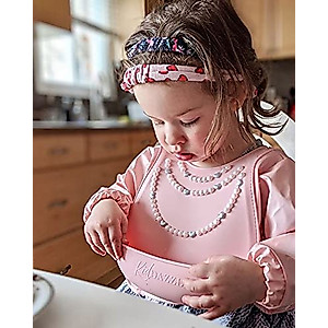 KidDazzle PRECIOUS PEARLS SLEEVED KIDCOVER - Pink Baby Girl Silicone Smock Bib, Adjustable Size, Waterproof & Stain Resistant, Infants & Toddlers 6 months +