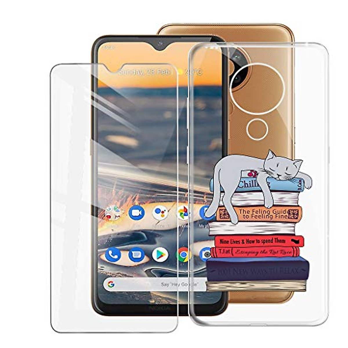 Case for Nokia C5 Endi 6.52 Inch, with [1 x Tempered Glass Screen Protector] KJYF Clear Soft TPU + Hard PC Ultra-Clear Anti-Scratch Anti-Yellow Case for Nokia C5 Endi - Book and cat