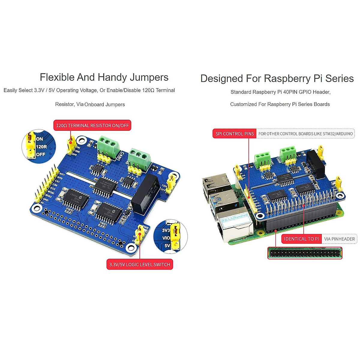2-Channel Isolated CAN Bus Expansion HAT Compatible with Raspberry Pi/Arduino/STM32,2-CH CAN HAT with MCP2515 + SN65HVD230 Dual Chips Solution,Multi Onboard Protection Circuits