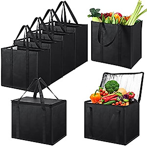 7 Pack Reusable Grocery Bags Foldable Shopping Bag and Zippered Insulated Food Delivery Bag Insulated Cooler Bag with Handles Set for Shopping Accessories, Black