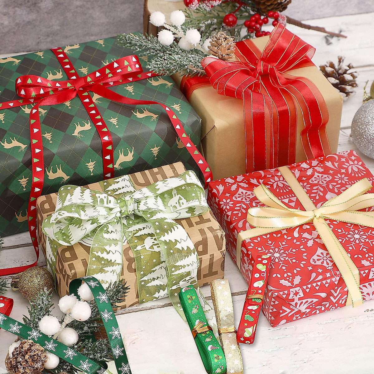 20 Pieces 3 Size Christmas Ribbons for Craft Holiday Printed Grosgrain Organza Satin Ribbons Metallic Glitter Fabric Ribbons Bulk Gift Wrapping Bow(20x2yd)