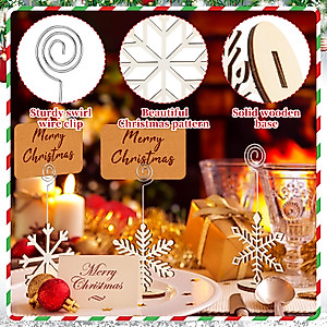 Funnymoom 20 Pcs Christmas Wood Place Card Holders Stand Display and 20 Pcs Kraft Place Cards Santa Snowman Elk Star Number Name Photo Picture Clip Holder for Xmas Party Table Decoration (Snowflake)