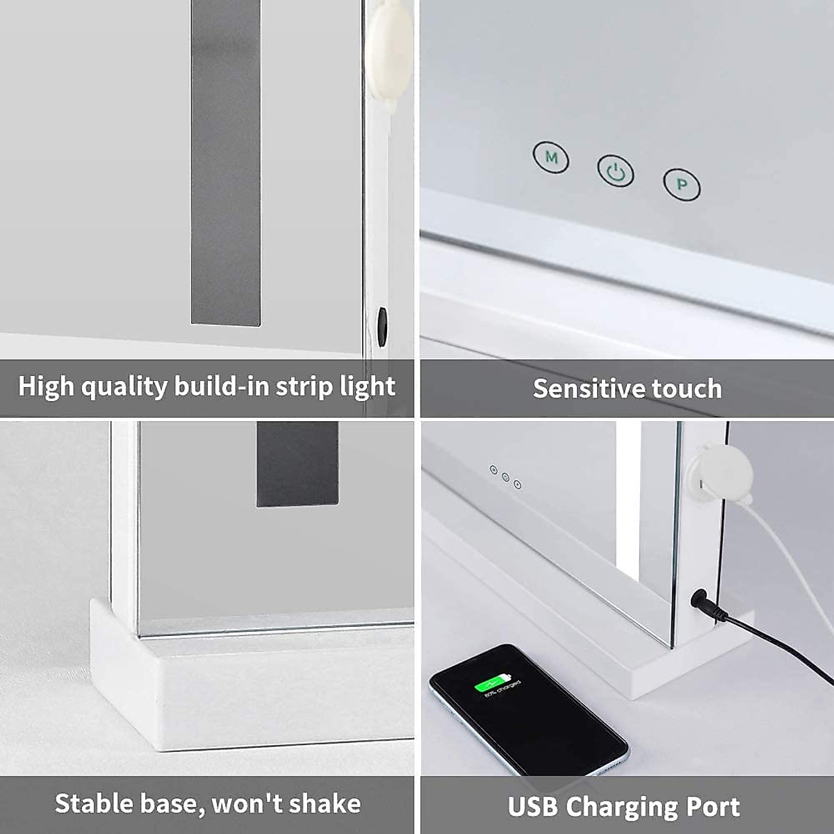 HOMPEN Makeup Mirror with Lights, Lighted Vanity Mirror, Table Top Lighted Beauty Mirror, Dimmable LED Light Strips, Hollywood Style Mirror