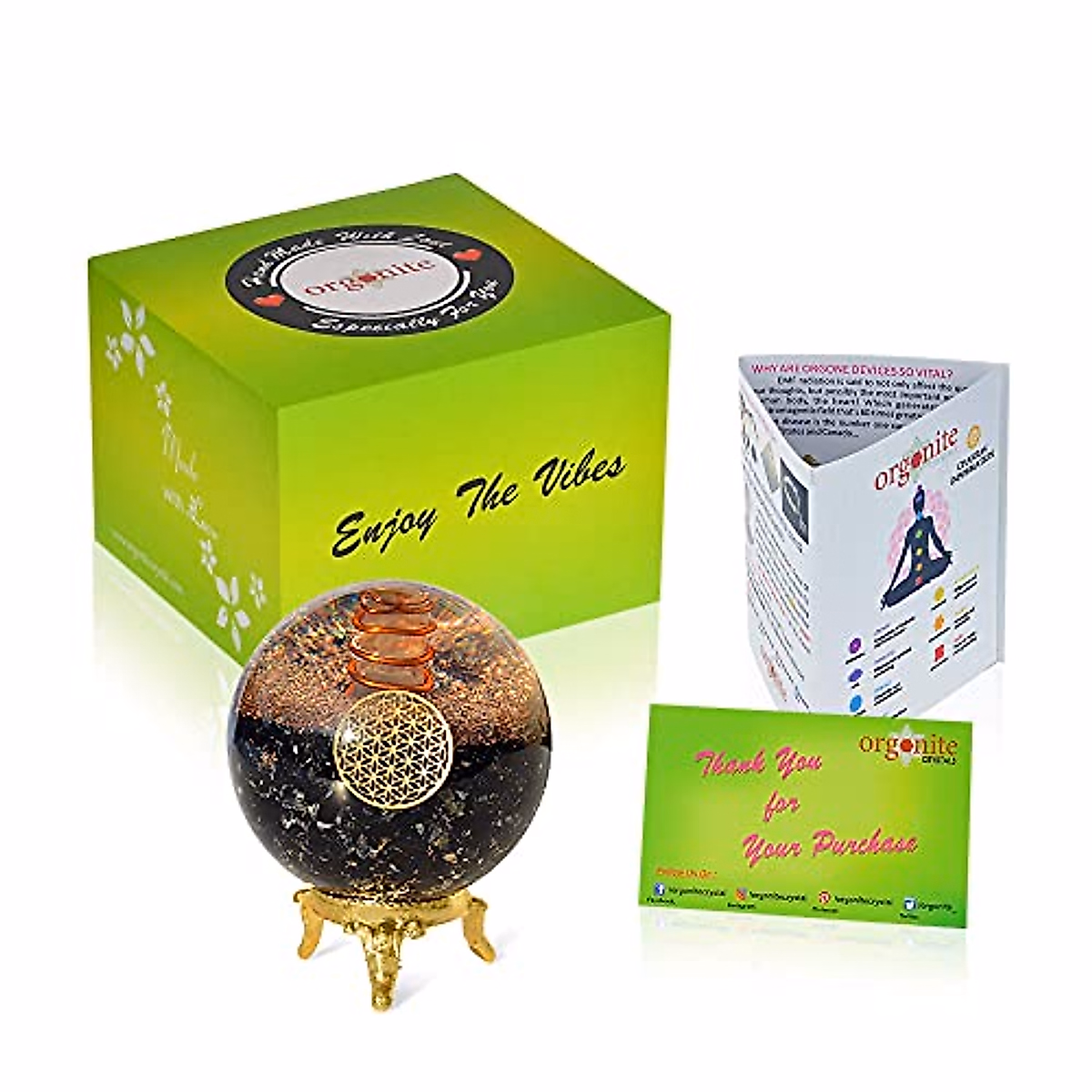 Orgonite Crystal Black Tourmaline Crystal Ball with Stand for Energy Purification and E-Energy Protection – Channels Positive Vibrations for Healing Connection between Body, Mind and Spirit