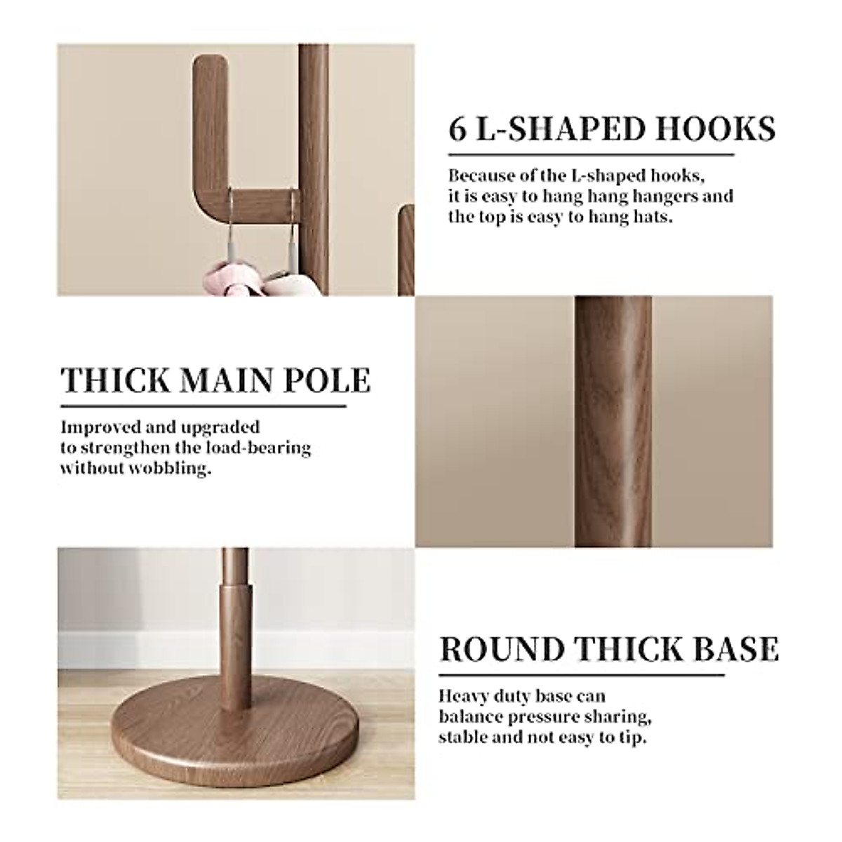 KASLANDI Coat Rack,Unique Design Cactus Coat Rack Freestanding，FAS Grade Rubber Wood,Adjustable Height Wooden Coat Rack Stand with 6 Hooks, Coat Tree Easy to Assemble (Walnut)