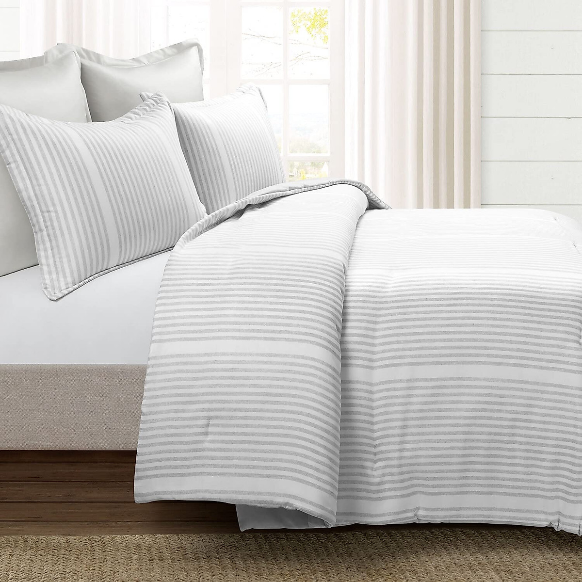 Lush Decor Farmhouse Drew Stripe Silver-Infused 5 Piece Comforter Set, Full/Queen, Neutral