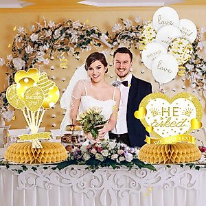 8Pcs Engagement Centerpieces Table Decorations, Gold White Engagement Party Decorations, Golden He Asked, She Said Yes Honeycomb Centerpiece for Bridal Shower Engagement, Wedding Party Decoration