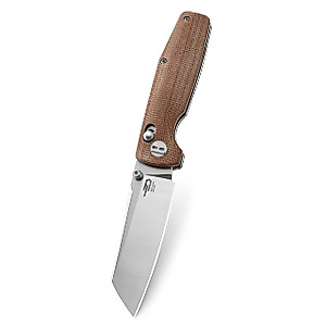 BESTECH KNIVES Pocket Folder Folding Knife: 3.07" D2 Steel Cleaver Stonewashed Blade, Micarta Scales, Thumbstud, B-Lock, EDC Steel Clip, BG43D (Natural)