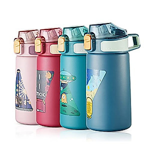 Kids Water Bottle 16 oz Stainless Steel 18/10 Vacuum Insulated Water Bottle Wide Mouth Flask with Leak proof Straw Lid for School Blue