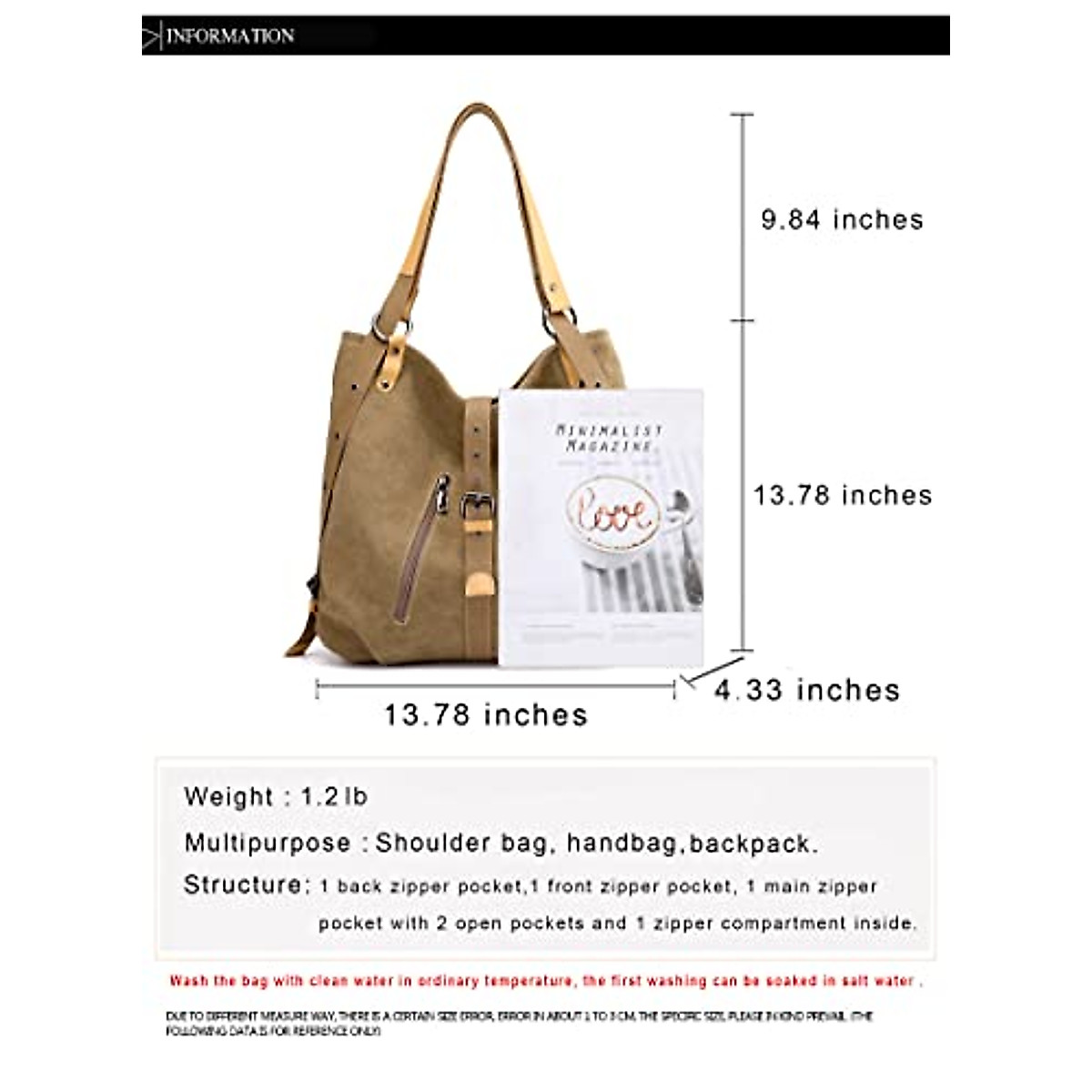 Eamom Tote Bag for Women Aesthetic Convertible Backpack Canvas Shoulder Bag School Tote Bag (Khaki)