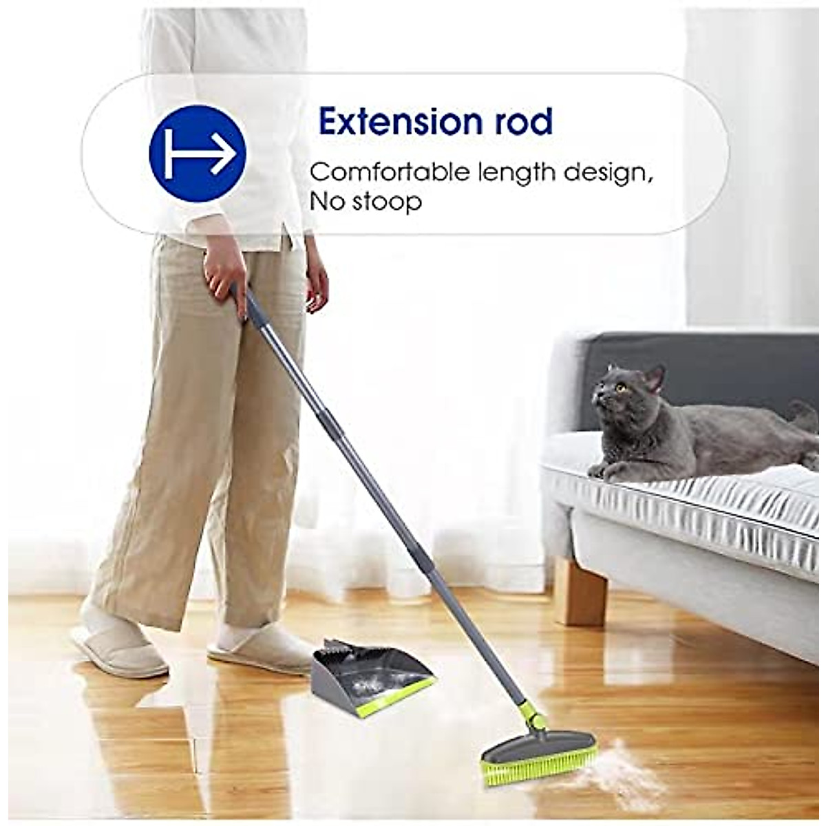 Adjustable Rubber Push Broom and Dustpan Set,Self Cleaning Indoor Outdoor Angle Brooms with Dust pan for Home,Long Handle Brooms for Floor Sweeping, Kids,Carpet Dog Cat Pets Household Brooms
