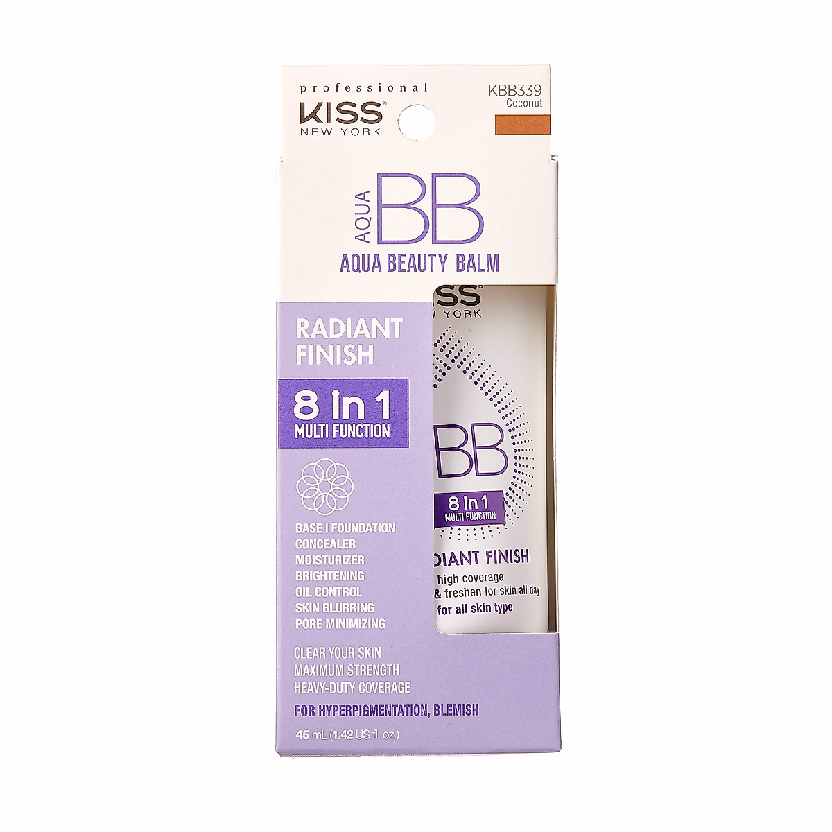 Kiss New York Aqua BB Cream 8-in-1 Multi Function Cover and Care Beauty Balm, Korean Skin Care Argan Oil Infused, Radiant Finish, Hydrating Full Coverage BB Cream 1.42 Fl Oz (Coconut)