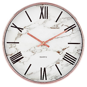 mDesign Modern Stylish Wall Clock for the Office, Bedroom, Kitchen, Bathroom, 11.5 Inch Diameter - Rose Gold Frame and Hands, Large Black Numbers on a Marble Background with a Clear Glass Cover