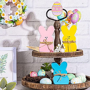 Easter Bunny Decor, 3 Pcs Easter Decorations for the Home, Decorative Wooden Easter Rabbit Peeps Wooden Signs for Tiered Tray