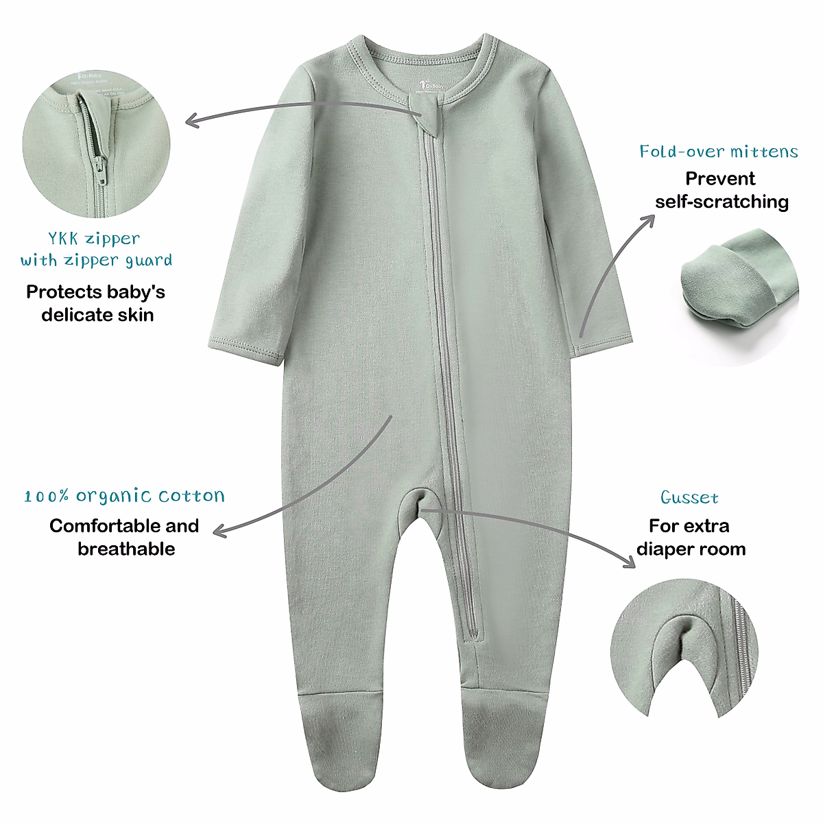 O2 BABY Baby Boys Girls Organic Cotton Zip Front Sleeper Pajamas, Footed Sleep 'n Play（0-3 Months, Sage）