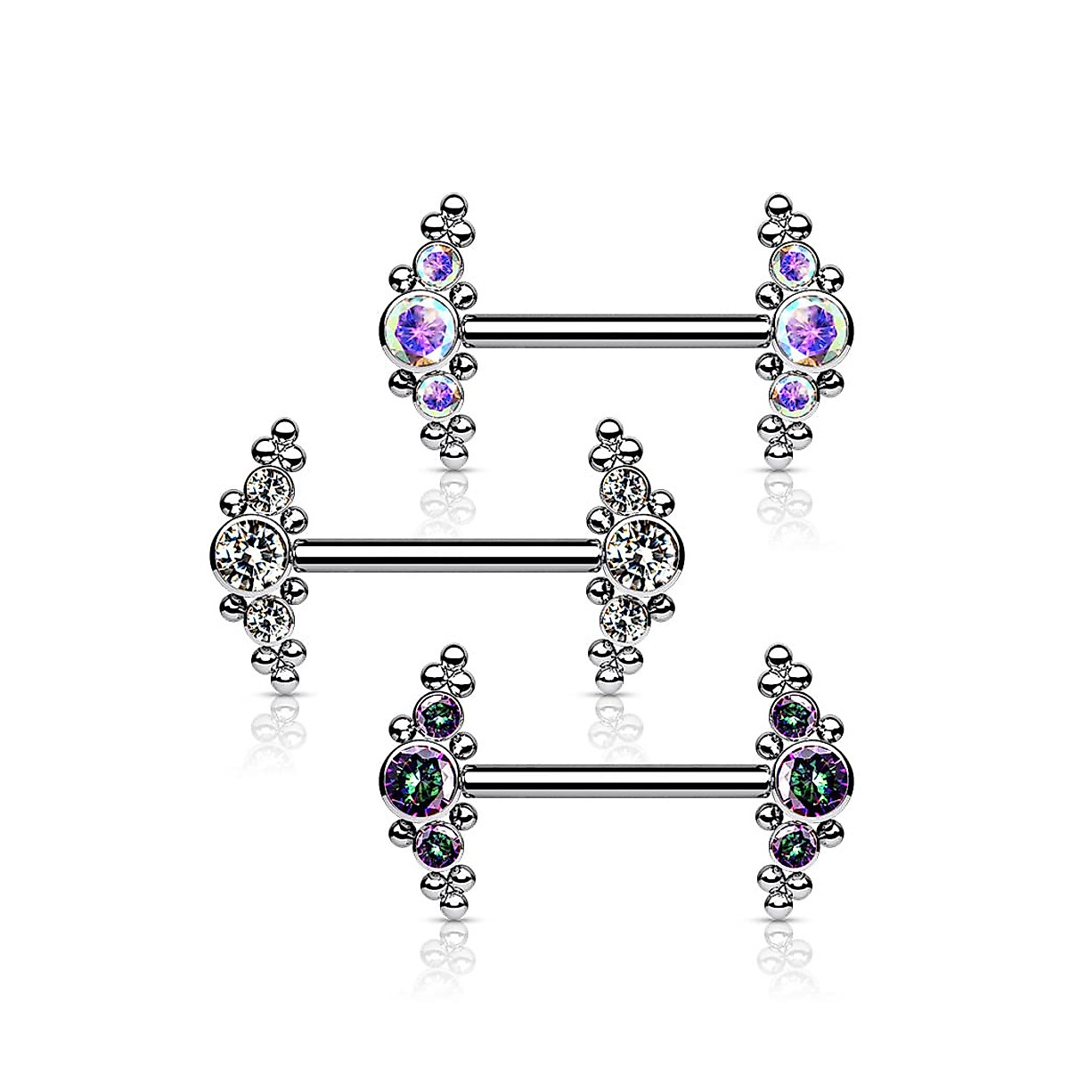 Dynamique Implant Grade Titanium Nipple Barbells With Bezel Set CZ and Micro Ball Cluster Internally Threaded Ends (Sold Per Pair Or Per Piece)