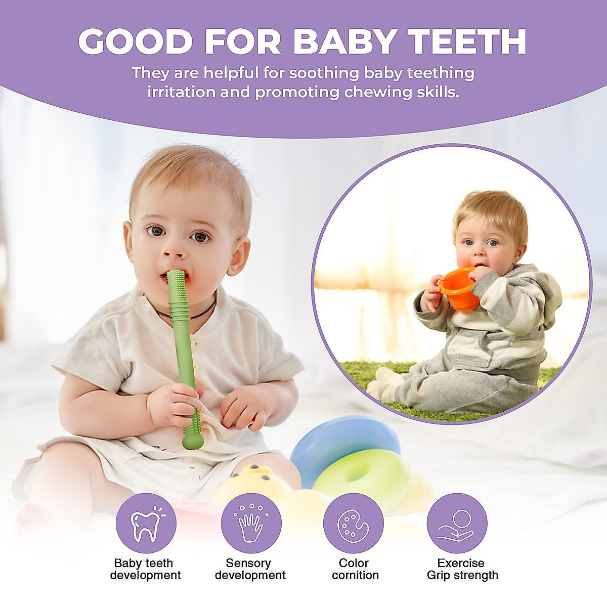 Samar Valley Teething Tubes - Pack of 4 Safe Silicone Baby Straws with Cleaning Brush and Different Surfaces/Colors for Healthy Molar Growth, Color Recognition, and Motor Control