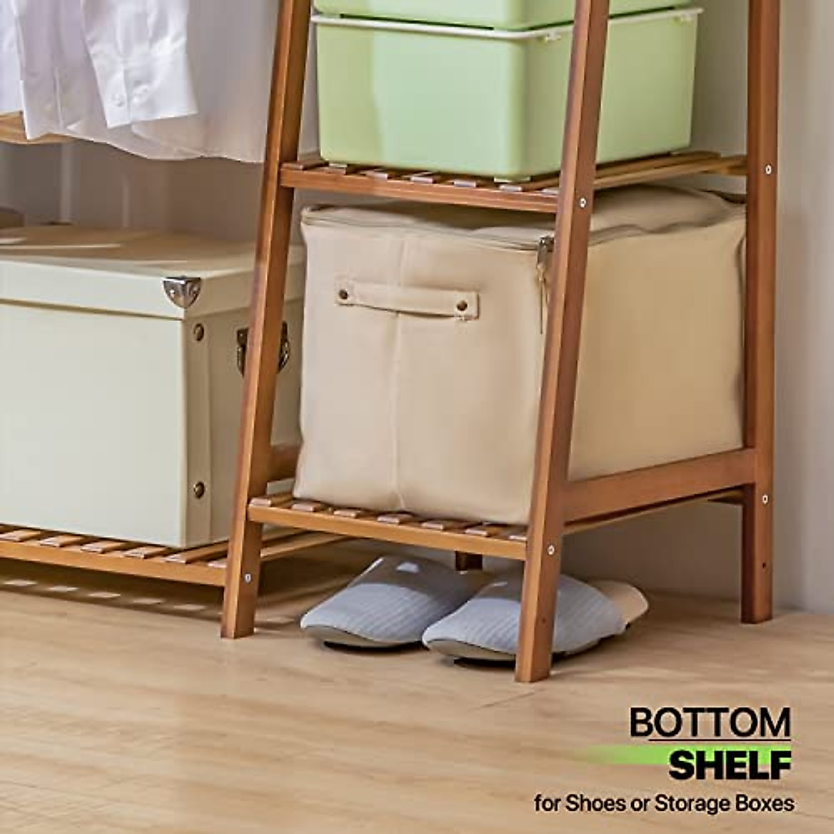 Magshion 5-Tier Bamboo Clothing Rack Clothes Hanging Rack Stand - Stylish and Rustic Bamboo Garment Rack with Trapezoidal Shelves for Bedroom