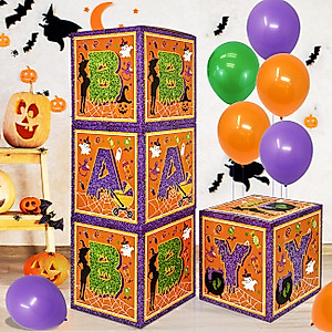 A Baby is Brewing Halloween Baby Showers Decorations, 4 Pcs Baby Balloon Boxes Purple Green Baby Letter Blocks for Halloween Baby Shower A Baby Is Brewing Party Decorations Supplies