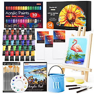Shuttle Art 54 Pack Acrylic Paint Set, Acrylic Painting Set with 30 Colors Acrylic Paint, Wooden Easel, Painting Canvas, Paint Brushes, Palette, Art Painting Supplies for Kids Adults Beginner Artists
