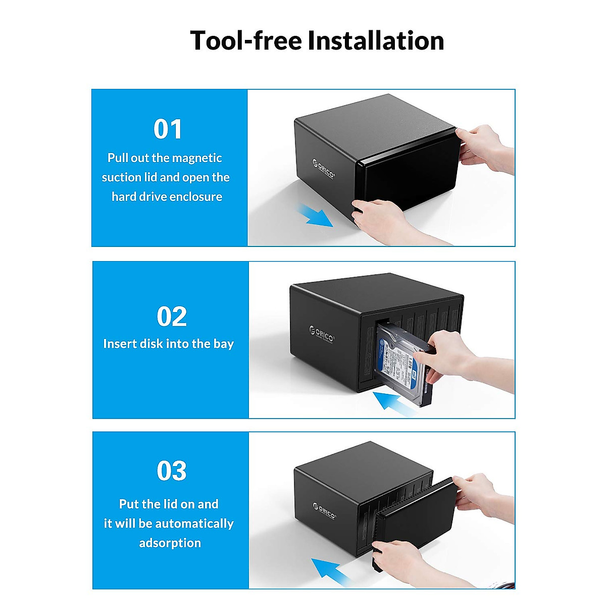 ORICO 8 Bay Tool-Free Aluminum Hard Drive Enclosure with 2 Build-in Fans, Horizontal HDD Docking Station for Small Business Data Backup and Expansion Max to 128TB- NS800U3