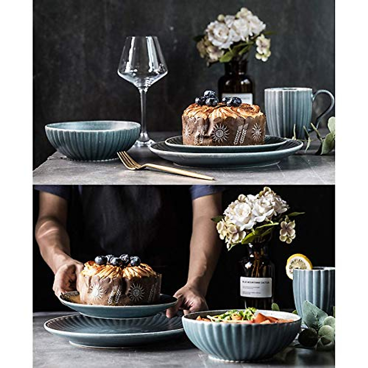 GagalU Dinner Set,Porcelain Dinnerware Sets, Retro Style Three-Dimensional Relief Cereals Bowls and Steak Plates Sets | 22 Pieces Ceramics Dinner Combination Set with Mug