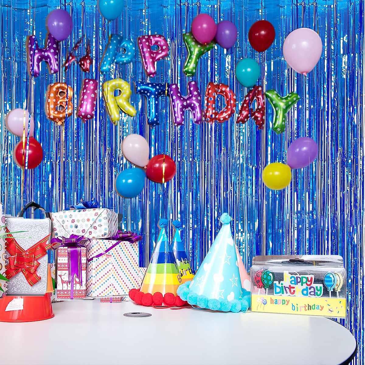 2 Pack Blue Foil Fringe Backdrop Curtains, 3.2x8.2ft Streamer Backdrops Curtains for Birthday Decorations, Baby Shower, Graduation, Halloween, Ocean Party