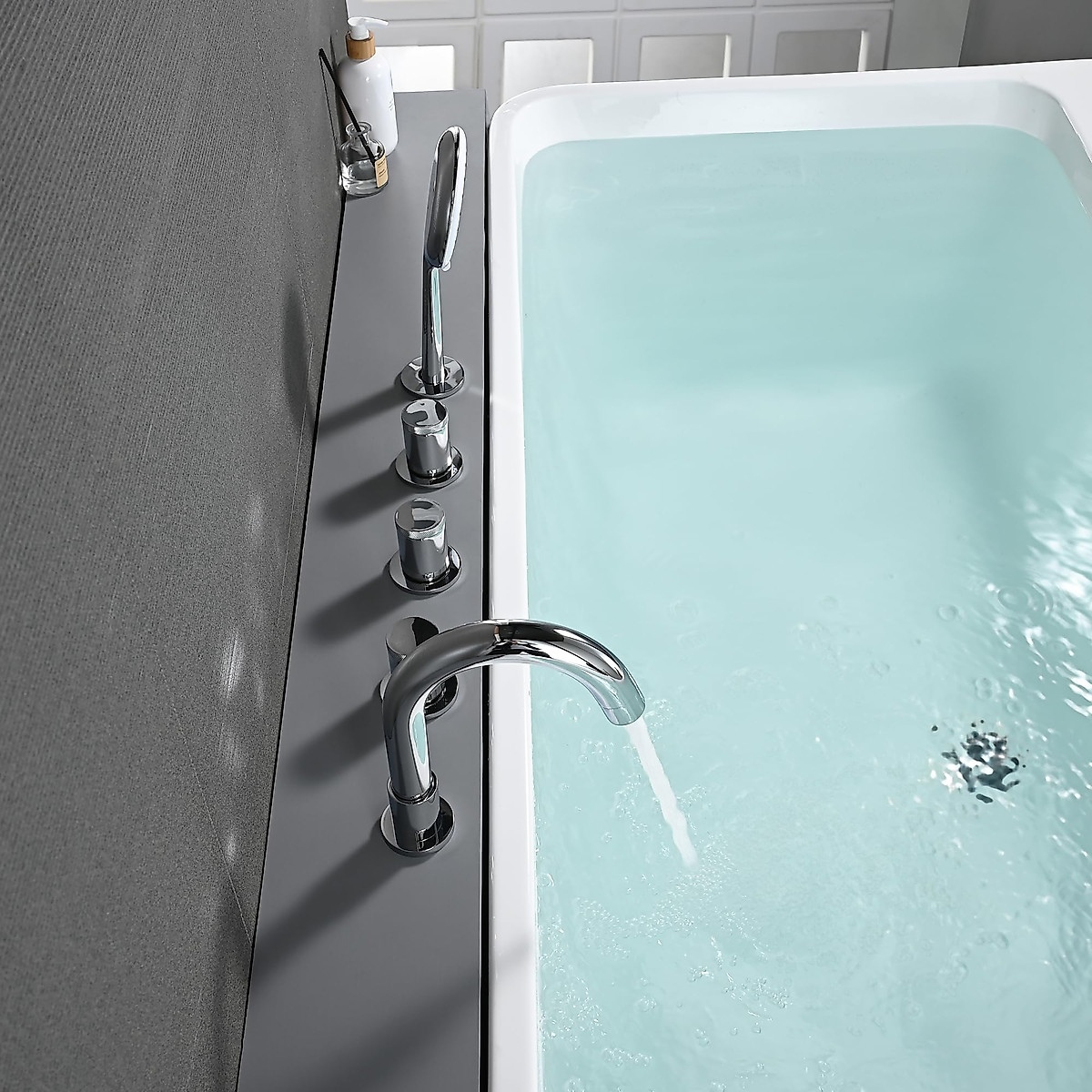 5 Hole Bathtub Faucet Chrome, Roman Tub Faucet with Sprayer, Deck Mount Tub Faucet, Three Handle Tub Faucet Set, High Flow Bath Tub Faucet Brass Tub Filler - JIAENLEMA