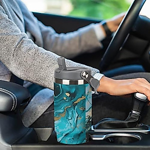 30 Oz Tumbler with Handle And Straw, Turquoise Blue Gold Marble Leakproof Stainless Steel Water Bottle for Hot & Cold Drinks 24 Hours, Car Cup Holder Friendly, Travel Mug for Home, Office, Gym