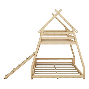 BIADNBZ Twin Over Queen House Bunk Bed with Climb Nets and Climbing Ramp, Wooden Playhouse BunkBed Frame for Kids Boys Girls Bedroom, Natural