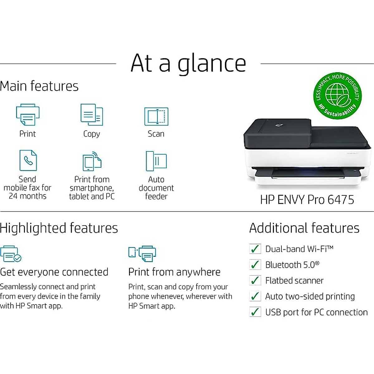 HP Envy Pro 6475 Wireless All-in-One Printer, Mobile Print, Scan & Copy, Compatible with Alexa (8QQ86A) (Renewed)