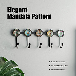 Banllis Boho Coat Rack Wall Mounted with 5 Hooks, Forest Theme Mandala Pattern Decorative Wall Hooks for Hanging Hat, Key, Towel, Purse, Bag, and Robe - for Entryway, Bathroom, and Kitche