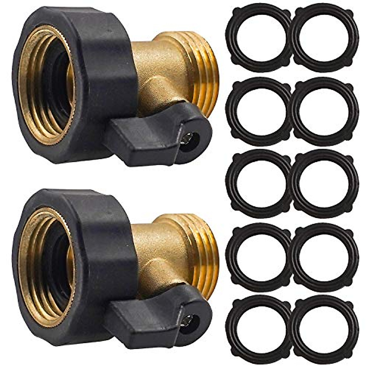 Hourleey Garden Hose Shut Off Valve, 2 Pack Heavy Duty 3/4 Inch Solid Garden Hose Shut Off Valve with 10 Extra Rubber Washers (Black)
