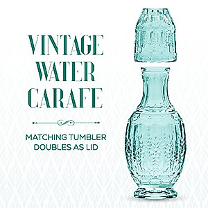 Elle Decor Vintage Bedside Water Carafe with Tumbler Glass – Elegant Pitcher and Matching Drinking Cup Doubles As Lid (Green)
