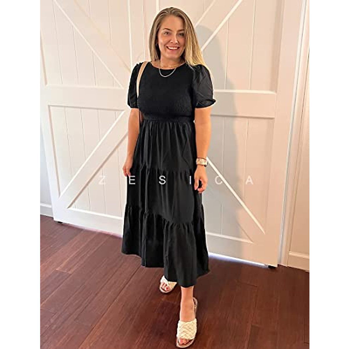 ZESICA Women's 2023 Casual Summer Crew Neck Short Puff Sleeve Smocked High Waist Ruffle Tiered A Line Midi Dress,Black,Medium