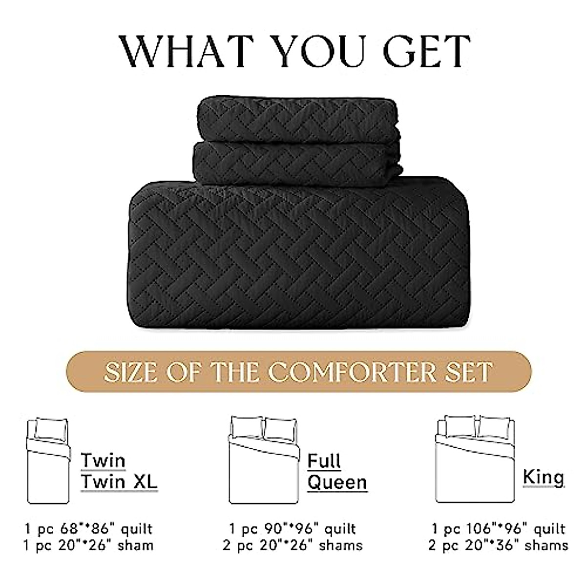 HYLEORY Quilt Set Full Queen Size - Soft Lightweight Quilts Summer Quilted Bedspreads - Reversible Coverlet Bedding Set for All Season 3 Piece (1 Quilt, 2 Pillow Shams) - Black