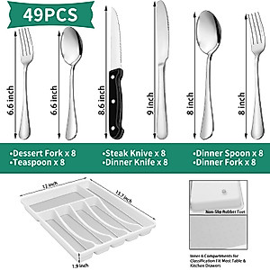 49PCS Silverware Set with Organizer, Durable Stainless Steel Flatware Drawer Cutlery Set for 8, Kitchen Utensils with Steak Knives Mirror Polished Dinner Knife Forks Spoons Tableware Service Tray