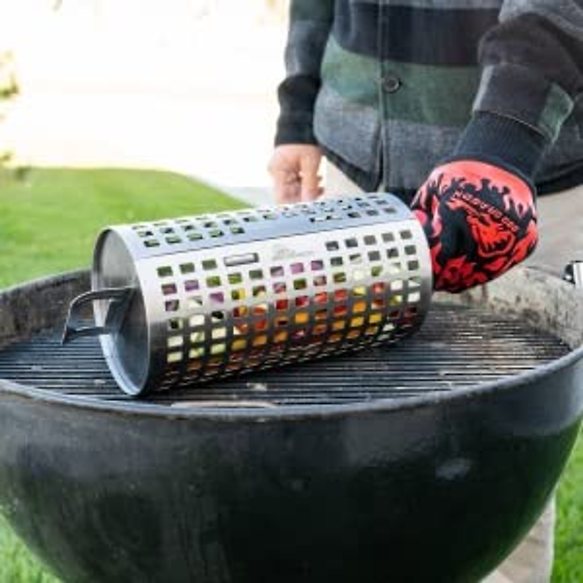 BBQ Dragon | Rolling Grill Basket | Food Grade Stainless Steel Grilling Basket | 13.5”x5.6” Cylinder | Vegetables, Shrimp, Fish, Chicken Wings | Snap Close Lid | Dishwasher Safe | Grilling Accessory