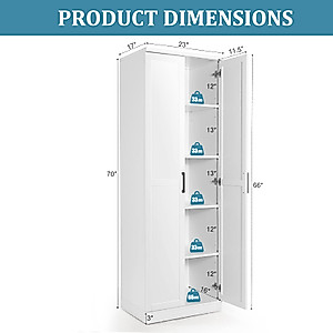 Giantex 70" Tall Wooden Storage Cabinet with 2 Doors and 5 Adjustable Shelves, Freestanding Collection Food Kitchen Pantry Cabinet Cupboard for Kitchen Laundry Garage (White)