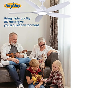 Newday 60" White Ceiling Fans with Light and Remote, Modern, Noiseless Reversible DC Motor, Large Indoor, Kitchen, Bedroom, Living Room