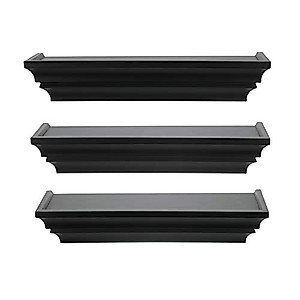 Kiera Grace Madison Classic Crown Molding Floating Wall Shelves, Robust Engineered Wood, Easy Assembly, Ideal for Home Decor, 16", Black, Set of 3