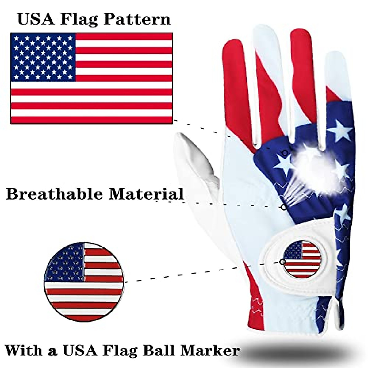 Golf Gloves Men Right Handed Golfer Left Hand with Ball Marker 2 Pack Leather Breathable Comfortable Weathersof Grip Size Small Medium ML Large XL (White&USA Flag, Large(Worn on Left Hand))