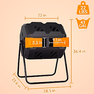 Composting Bins 43 Gallon Outdoor Tumbling Compost Bin Compost Tumbler Bucket Trash Can w/Dual Chamber Sliding Doors for Garden Patio,Orange Door