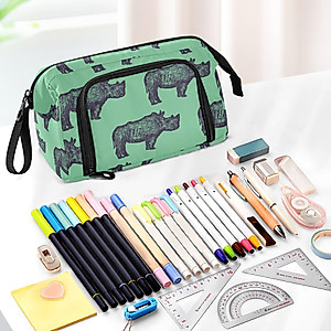 Fisyme Rhino Rhinoceros Green Pencil Case Large Capacity Pencil Pouch Pen Bags Box Big Makeup Pencil Case Organizer