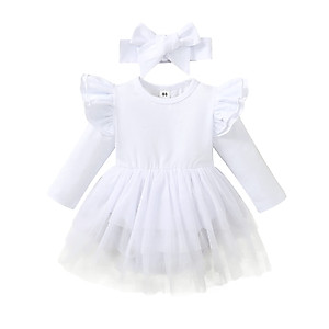 Baby Girl Clothes Infant Ruffle Sleeve Romper Dress Newborn Solid Tutu Skirt Sets Jumpsuit Headband Outfit (032B-White, 9-12 Months)