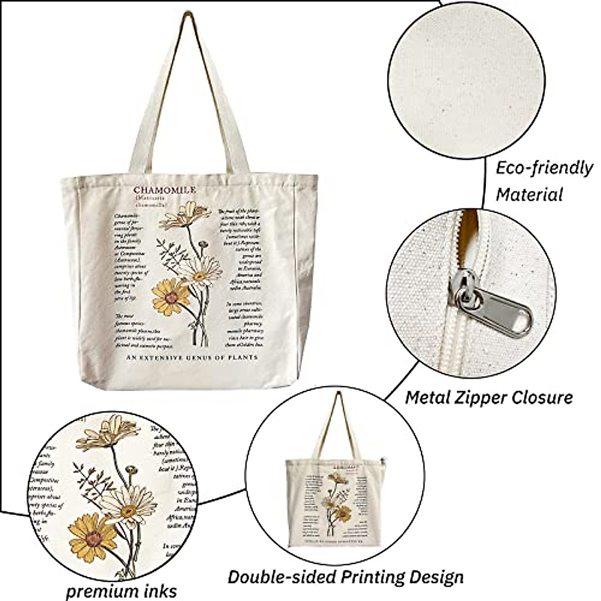 Canvas Tote Bag Aesthetic,Cute Tote Bags with Metal Zipper Big Canvas Tote Bags for Women Girl Shopping School Library