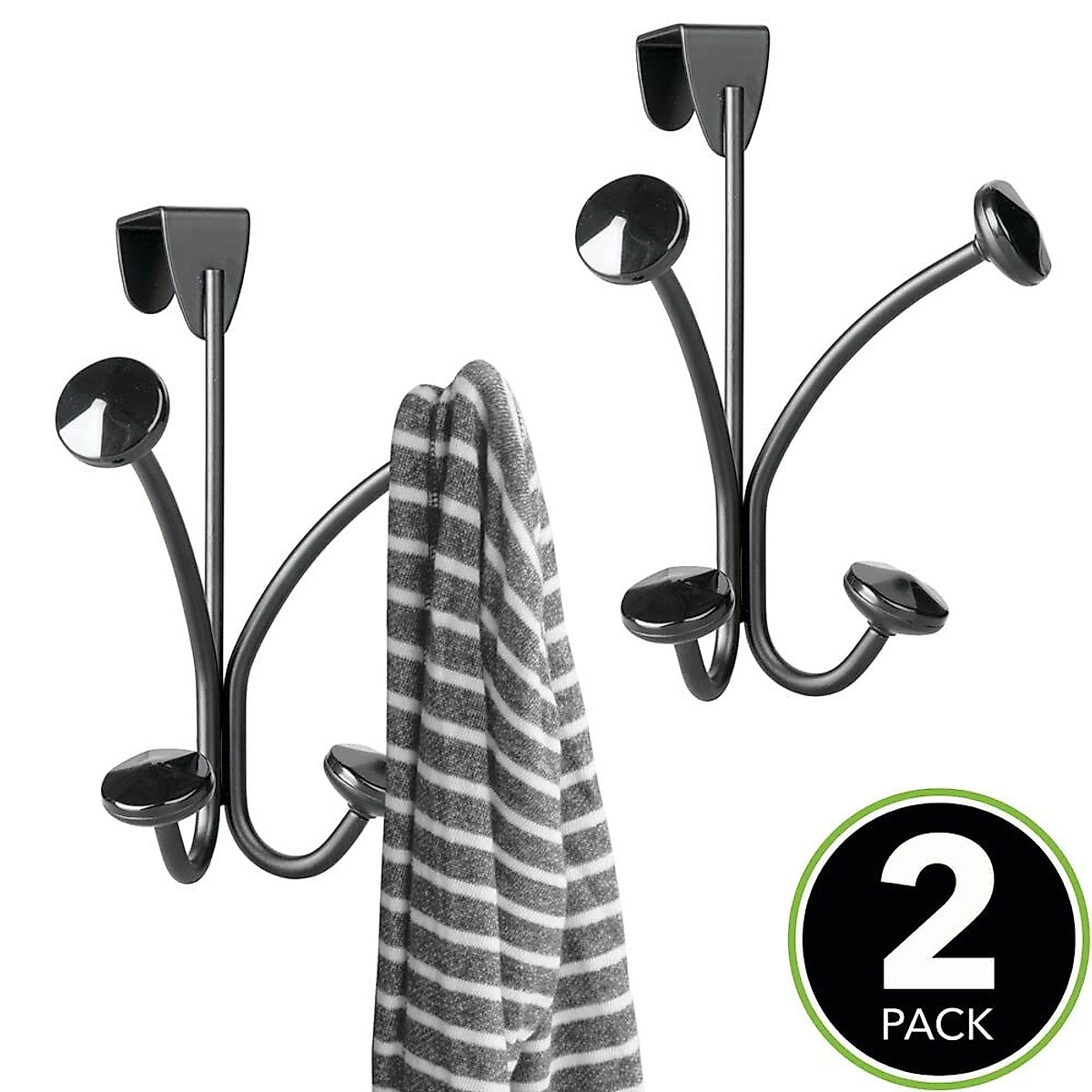 mDesign Decorative Over Door 4 Hanging Hooks, Steel Storage Organizer Rack for Coats, Hoodies, Hats, Scarves, Purses, Leashes, Bath Towels, Robes, Mens and Womens Clothing - 2 Pack - Matte Black