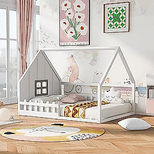 House Bed Full Size, Wood Floor Bed for Kids, Montessori Bed with Railings and Slats for Boys Girls, Low to Ground Height, No Box Spring Needed, White